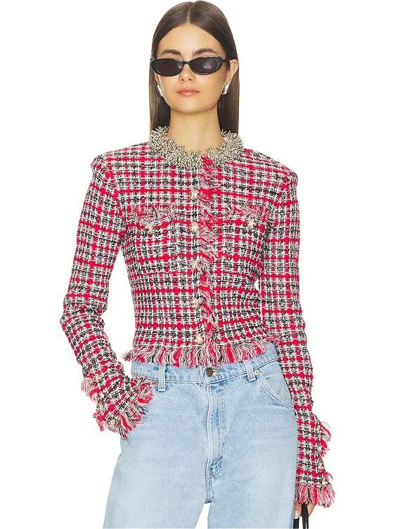 SELF-PORTRAIT Check Frayed Knit Jacket - Red
