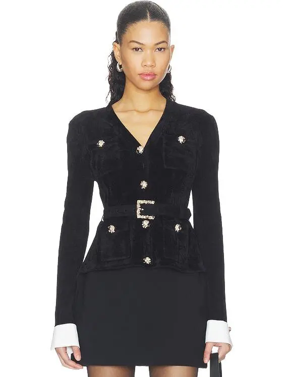 SELF-PORTRAIT Chenille Knit Top With Decorative Buttons And Belt - Black