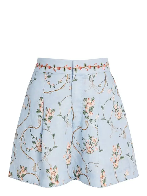Agua Bendita Linen Shorts With Floral Motifs - Blue