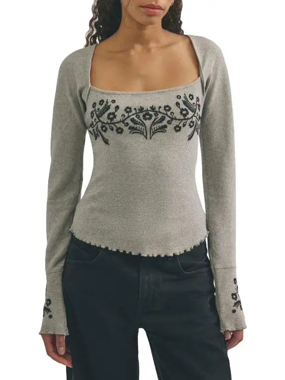 Free People Olivia Embroidered Long Sleeve Tee - Grey Combo