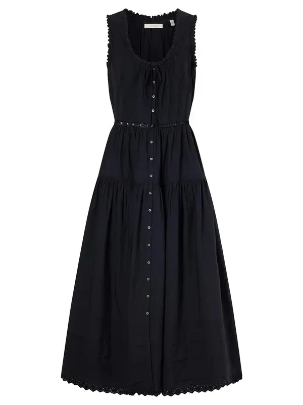 DÔEN Hortense Pintucked Embroidered Organic Cotton Midi Dress - Black