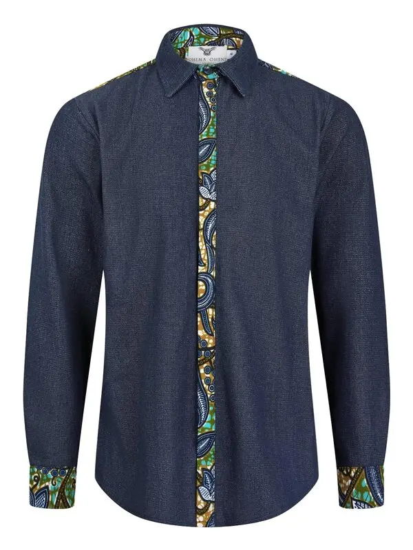 OHEMA OHENE Denim & African Print Cotton Shirt Floral - Blue