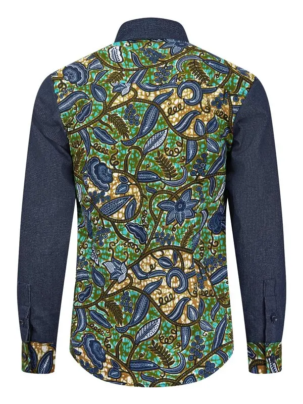 OHEMA OHENE Denim & African Print Cotton Shirt Floral - Blue