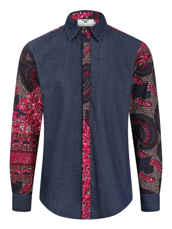OHEMA OHENE Denim & African Print Cotton Shirt – Contrast Panel - Blue