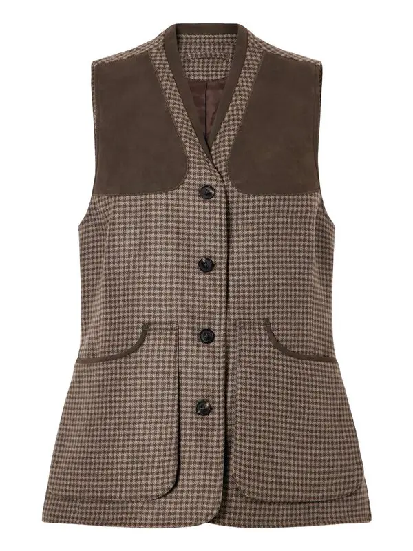 Purdey Checked Wool And Cashmere-blend Tweed Vest With Suede Trim - Brown