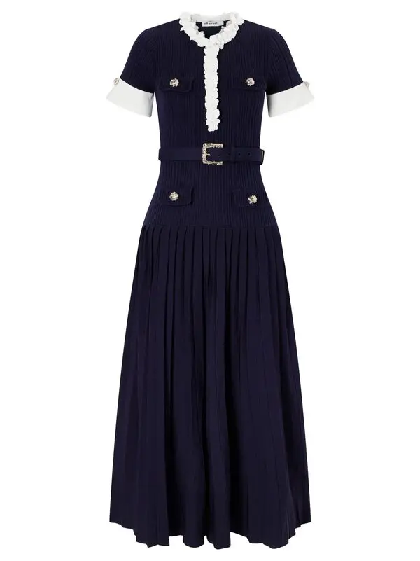 SELF-PORTRAIT Ribbed Midi Dress With Floral Appliqué And Belt - Blue