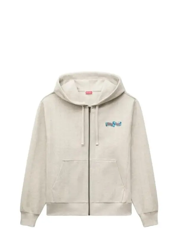 Kenzo Jumping Tiger' Zip Up Hoodie In Herringbone Cotton - Light Gray