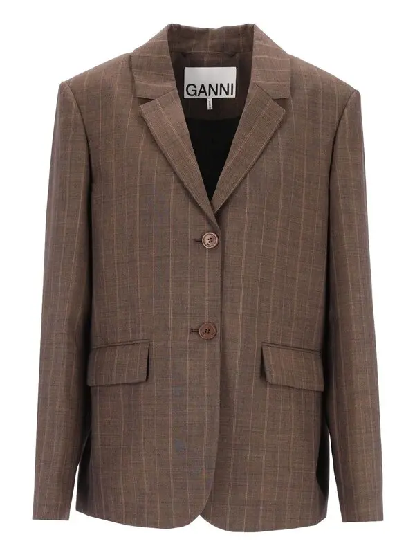 GANNI Pinstriped Wool Blazer - Brown