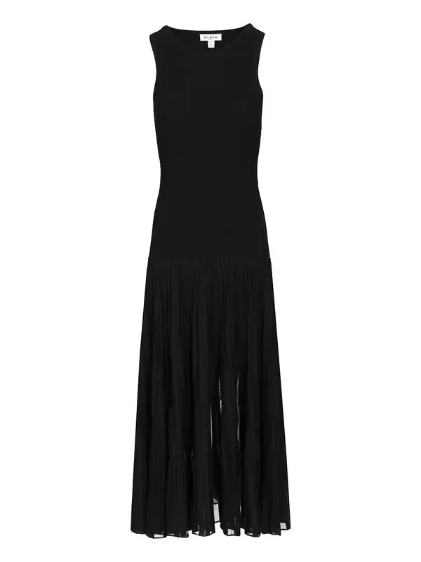 Alaïa Pleated Sheer Knit Midi Dress - Black