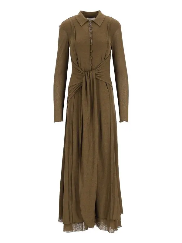 GANNI Long Sleeve Gauze Dress With Button Front - Green
