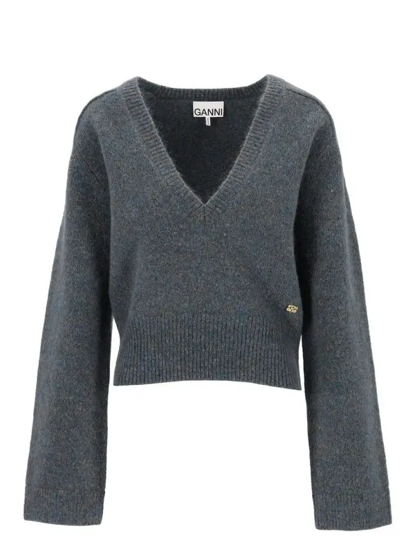 GANNI Melange Mohair Deep V-neck Sweater - Blue