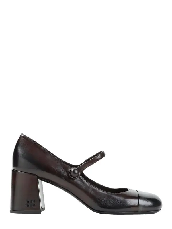 Miu Miu Leather Mary Jane Pumps With Block Heel - Brown