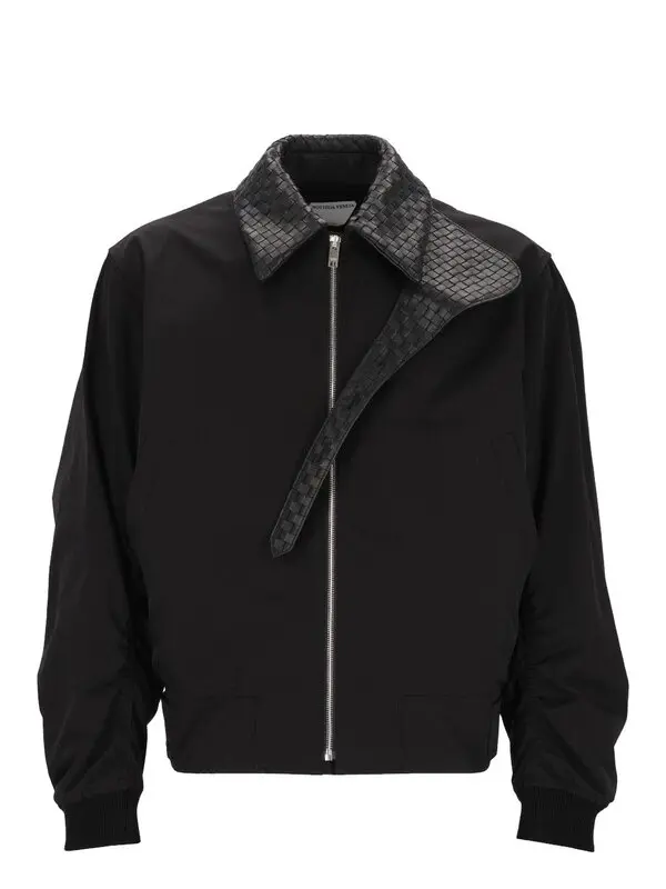 Bottega Veneta Padded Nylon Bomber Jacket With Intrecciato Leather Collar - Black