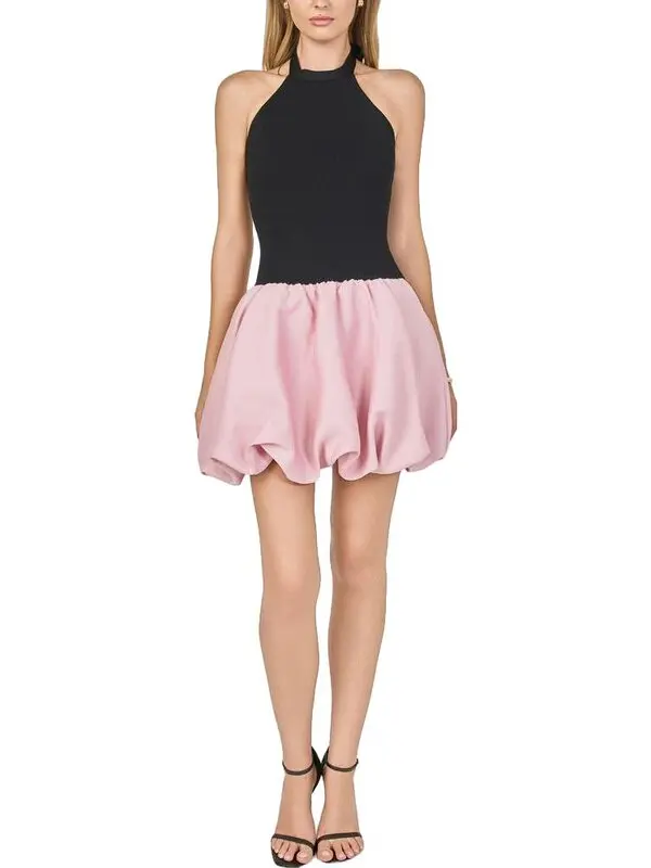 Endless Rose Mixed Media Halter Neck Bubble Minidress - Black/pink