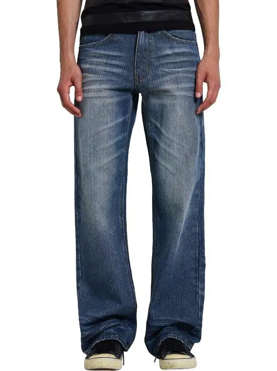 JADED LONDON Distressed Straight Leg Jeans With Faux Leather Panel - Denim