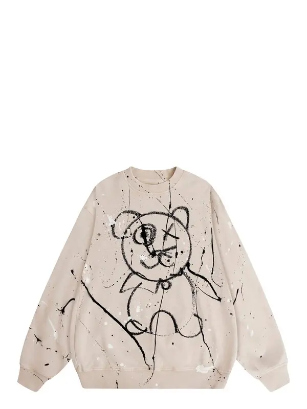 X ILONA BLUE Neutrals Universal Fit Graffiti Teddy Bear Vintage Washed Cotton Abstract Crewneck - Black