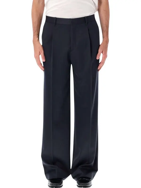 LARDINI Pleated Wool Gabardine Trousers With Single Pleat, Regular Fit & Unfinished Hem - Blu