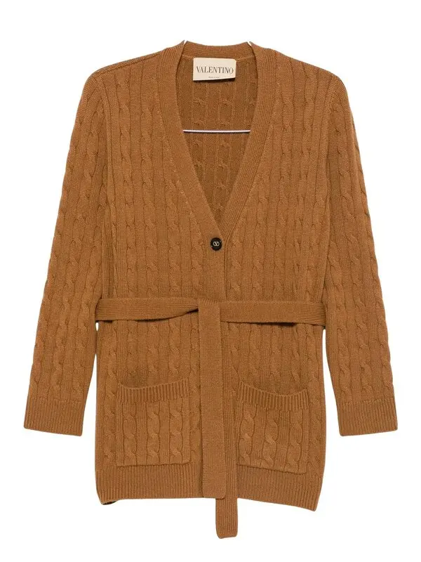 Valentino Garavani Cable-knit Cashmere V-neck Cardigan With Belt And Pockets - Brown