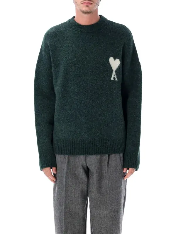 AMI Paris Alpaca Blend Crewneck Sweater With Of Caur Intarsia - Verde