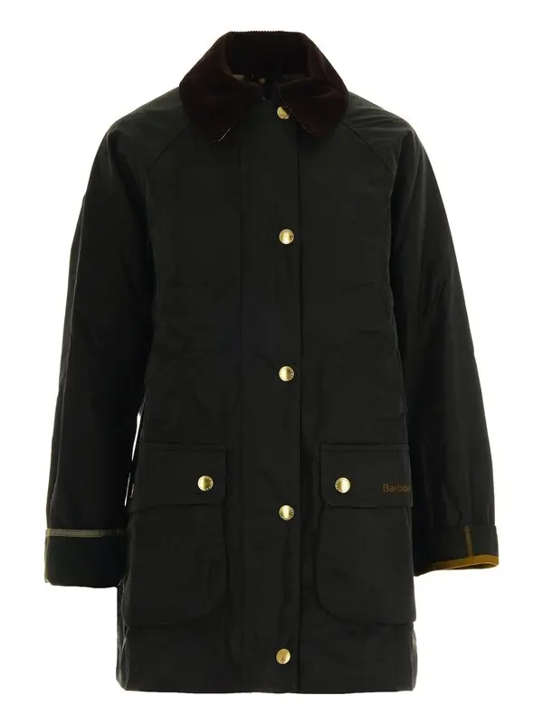 Barbour Waxed Cotton Long Coat With High Collar And Flap Pockets - Sage/ancient