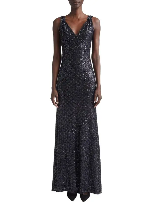 St. John Sequin Embroidered Tulle Gown - Midnight