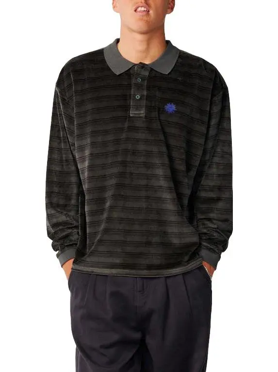 Rip Curl Disorder Stripe Long Sleeve Velour Polo - Washed Black