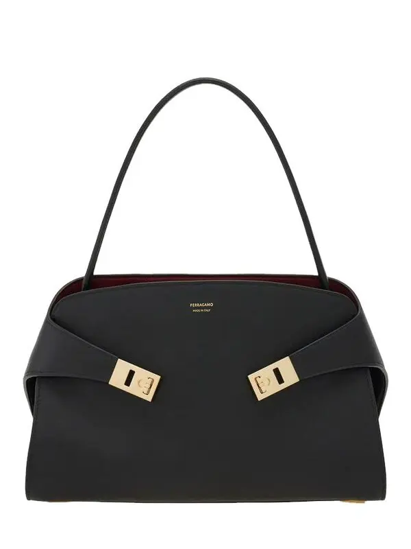 FERRAGAMO Hug Soft Calfskin Shoulder Bag With Gancini Buckles - Black