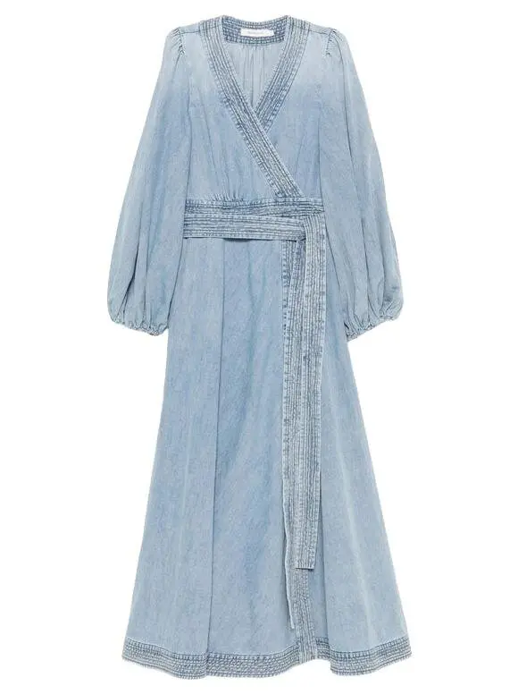 Zimmermann Light Cotton Wrap Dress With Puff Sleeves - Blue