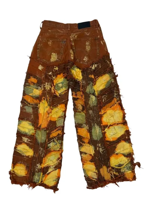 ZASTASTUDIO Red Gold Shredded Denim Wide Leg Pant - Red/yellow