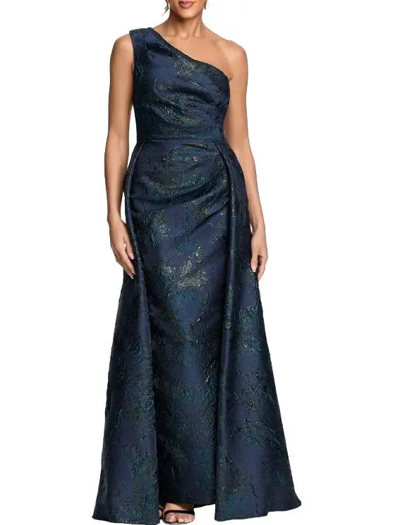 XSCAPE EVENINGS One-shoulder Metallic Jacquard Gown - Navy/green