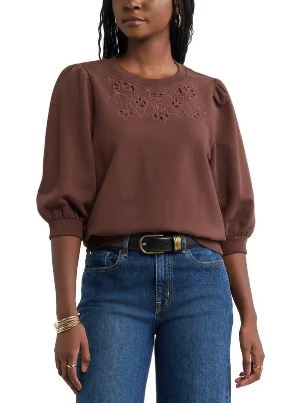 Treasure & Bond Cutwork Eyelet Sweatshirt - Brown Chicory