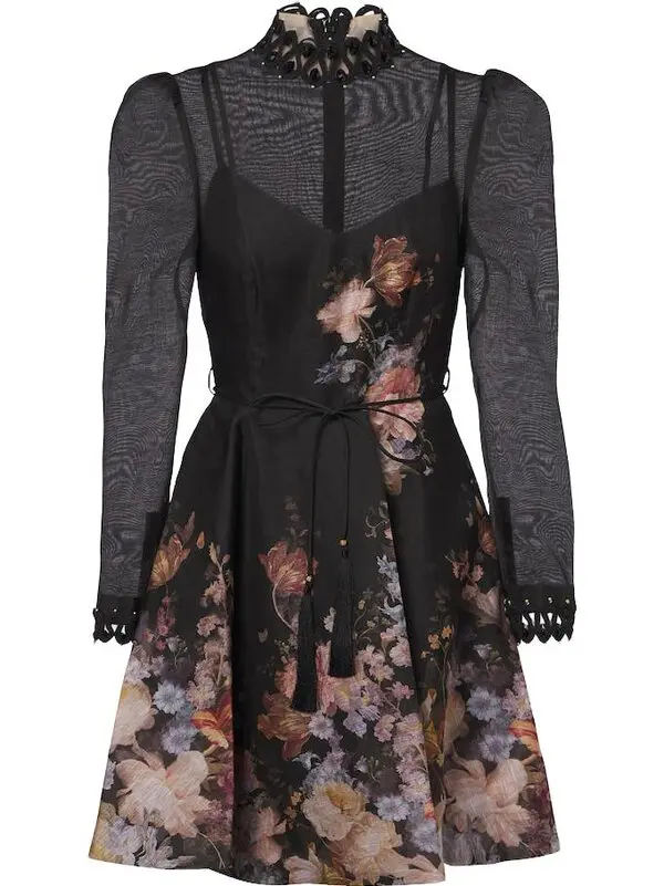 Zimmermann Valiant Floral Linen And Silk Mini Dress - Black