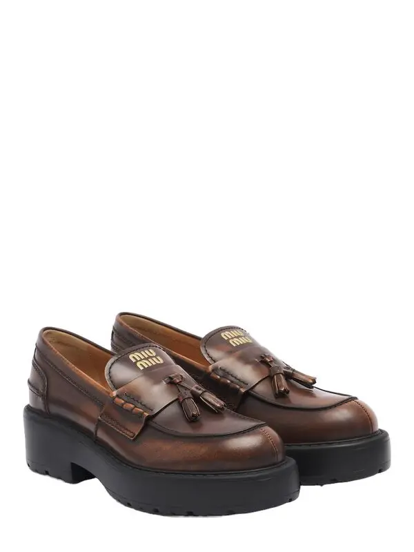 Miu Miu Leather Platform Loafers - Brown