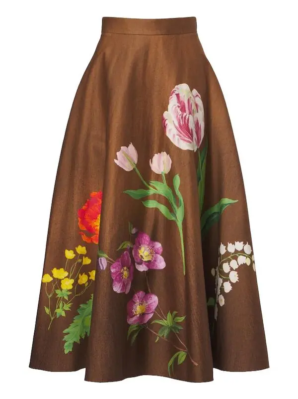 Oscar De La Renta Floral Cotton-blend Midi Skirt - Brown