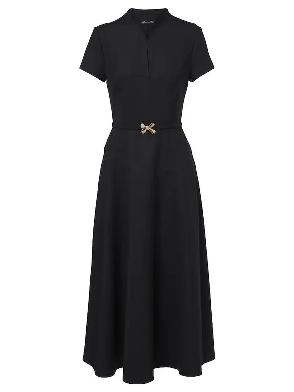 Oscar De La Renta Belted Embellished Wool-blend Midi Dress - Black