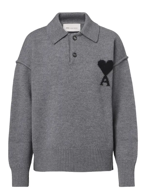 AMI Paris Wool Polo Sweater With De Coeur Detail - Grey