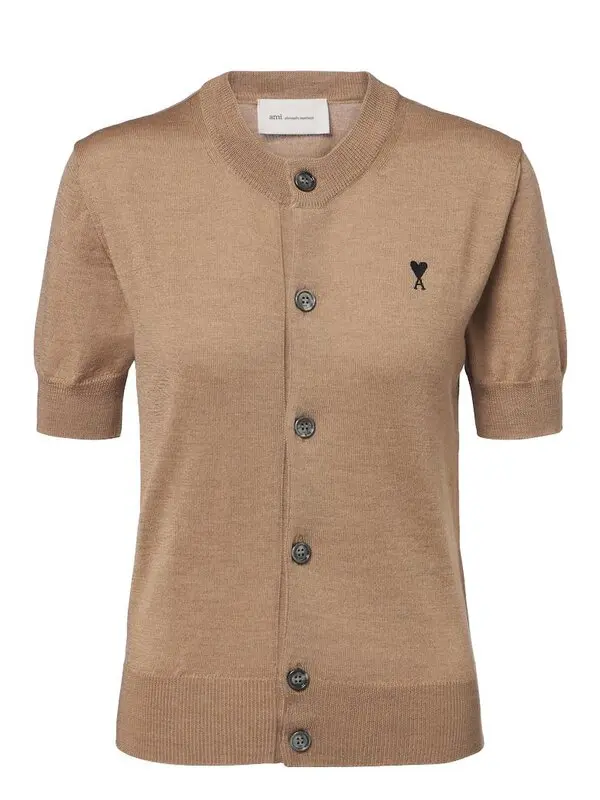 AMI Paris De Coeur Wool Cardigan - Beige