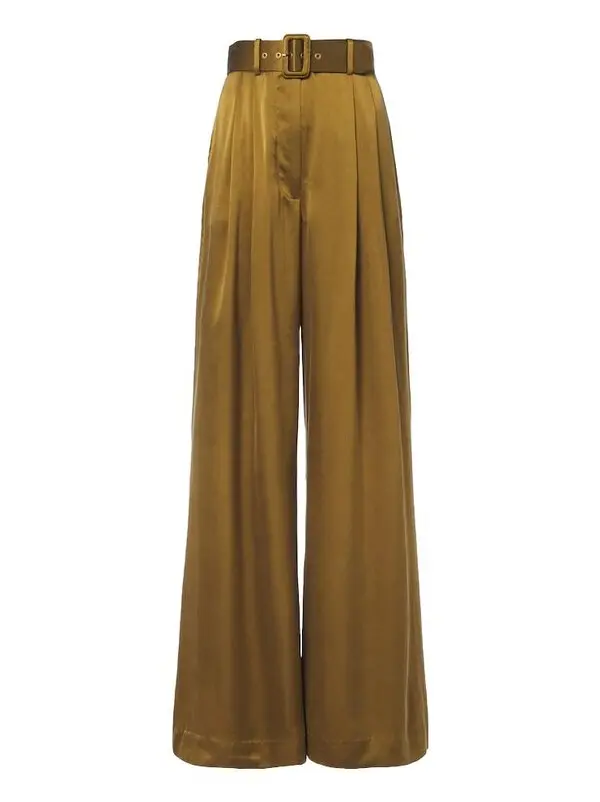 Zimmermann Belted Pleated Silk Wide-leg Pants - Green