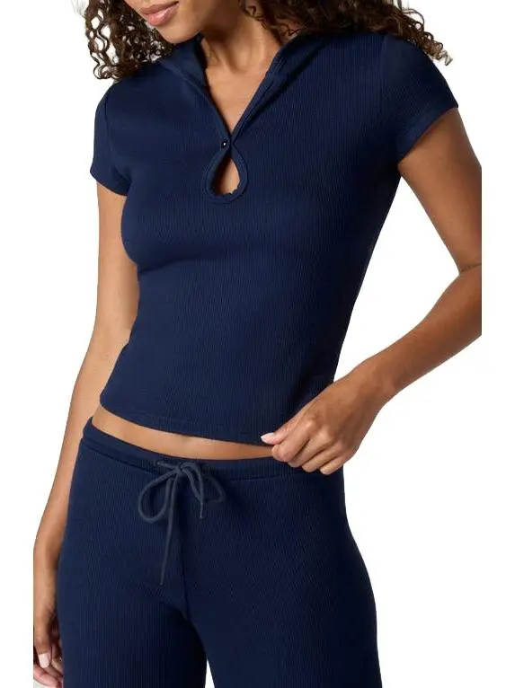 FLORENCE BY MILLS Ribbed Jersey Hooded Cutout T-shirt - Navy
