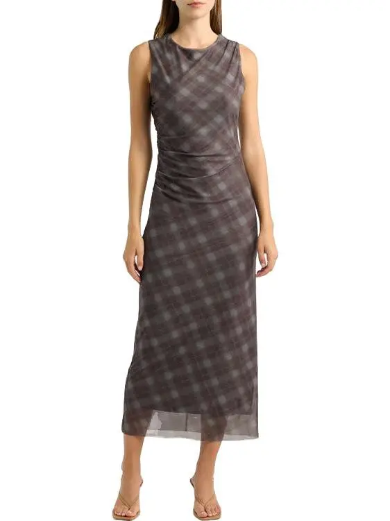 NIA Reese Sleeveless Midi Dress With Plaid Overlay - Brown