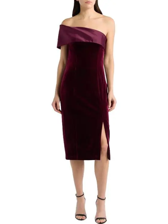 Eliza J Off-the-shoulder Velvet Midi Dress With Satin Detail - Wine