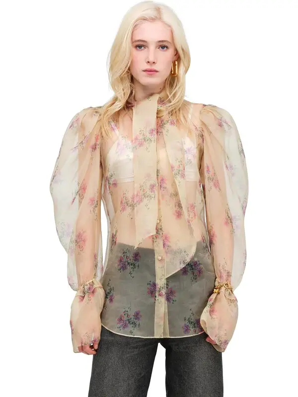 Marc Jacobs Floral Organza Puff Blouse - Cream Multi