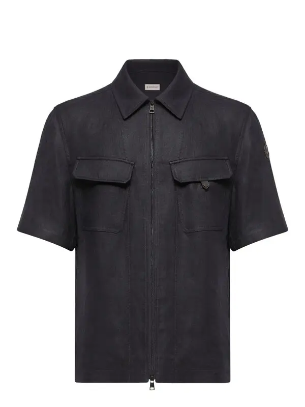 Moncler Linen Twill Short Sleeve Zip-up Shirt - Blue