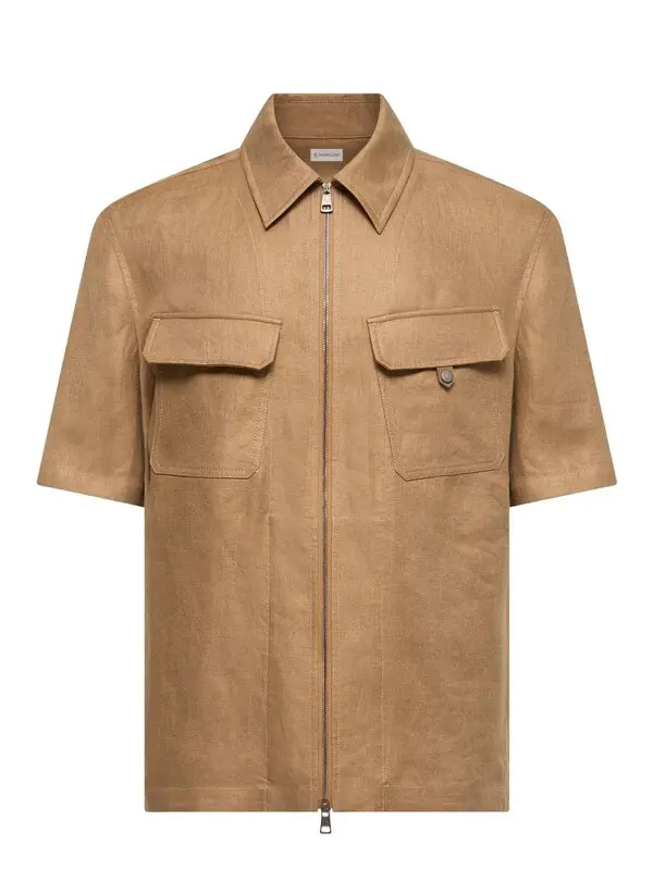 Moncler Linen Twill Short Sleeve Zip-up Shirt - Brown