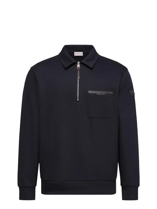 Moncler Leather Logo Cotton Blend Half-zipper Sweatshirt - Blue