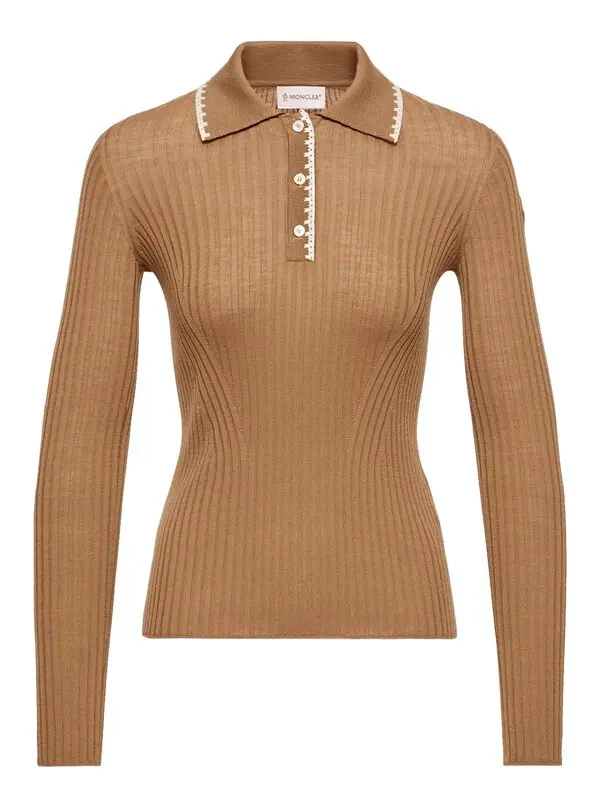 Moncler Wool Long Sleeve Polo Shirt - Beige