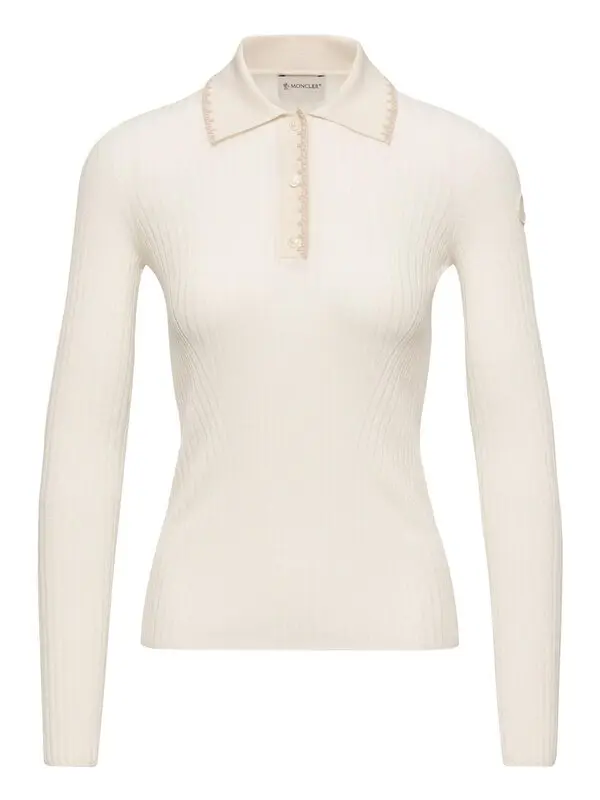 Moncler Wool Long Sleeve Polo Shirt - White