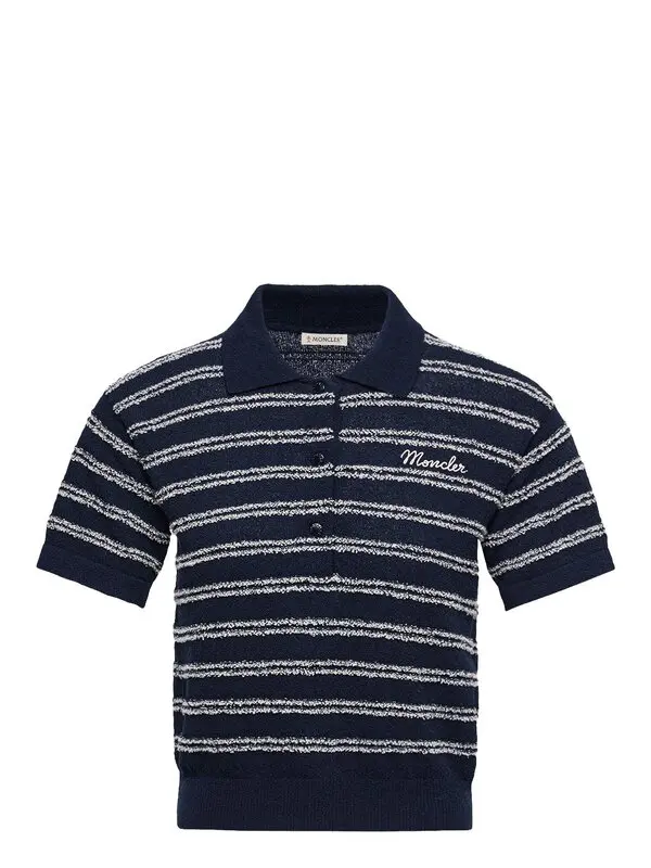 Moncler Cotton Blend Bouclé Crêpe Polo Shirt With Stripes - Blue