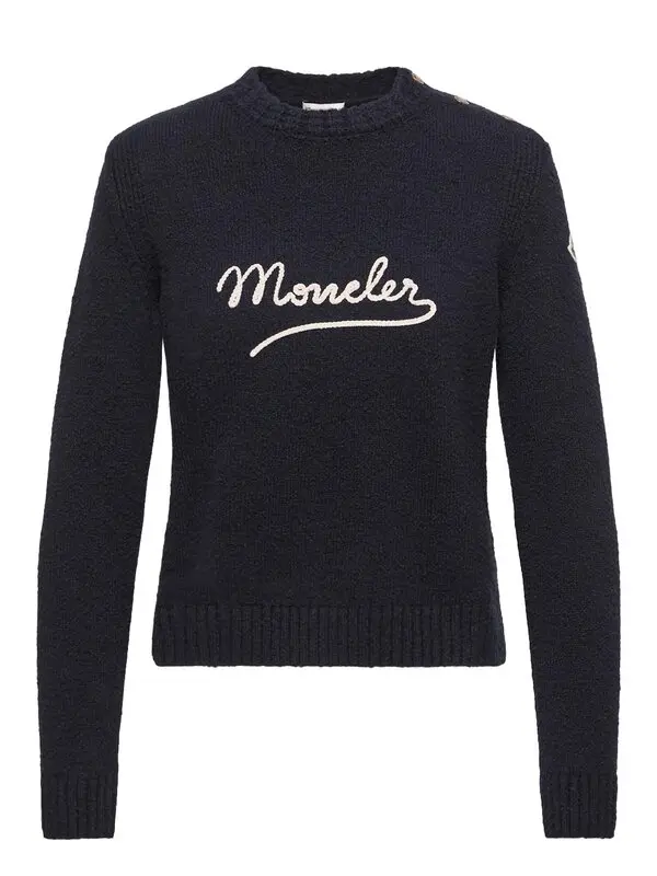 Moncler Embroidered Logo Cotton Blend Crew Neck Sweater - Blue