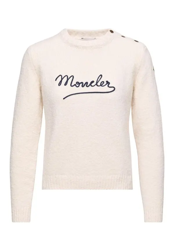 Moncler Embroidered Logo Cotton Blend Crew Neck Sweater - White